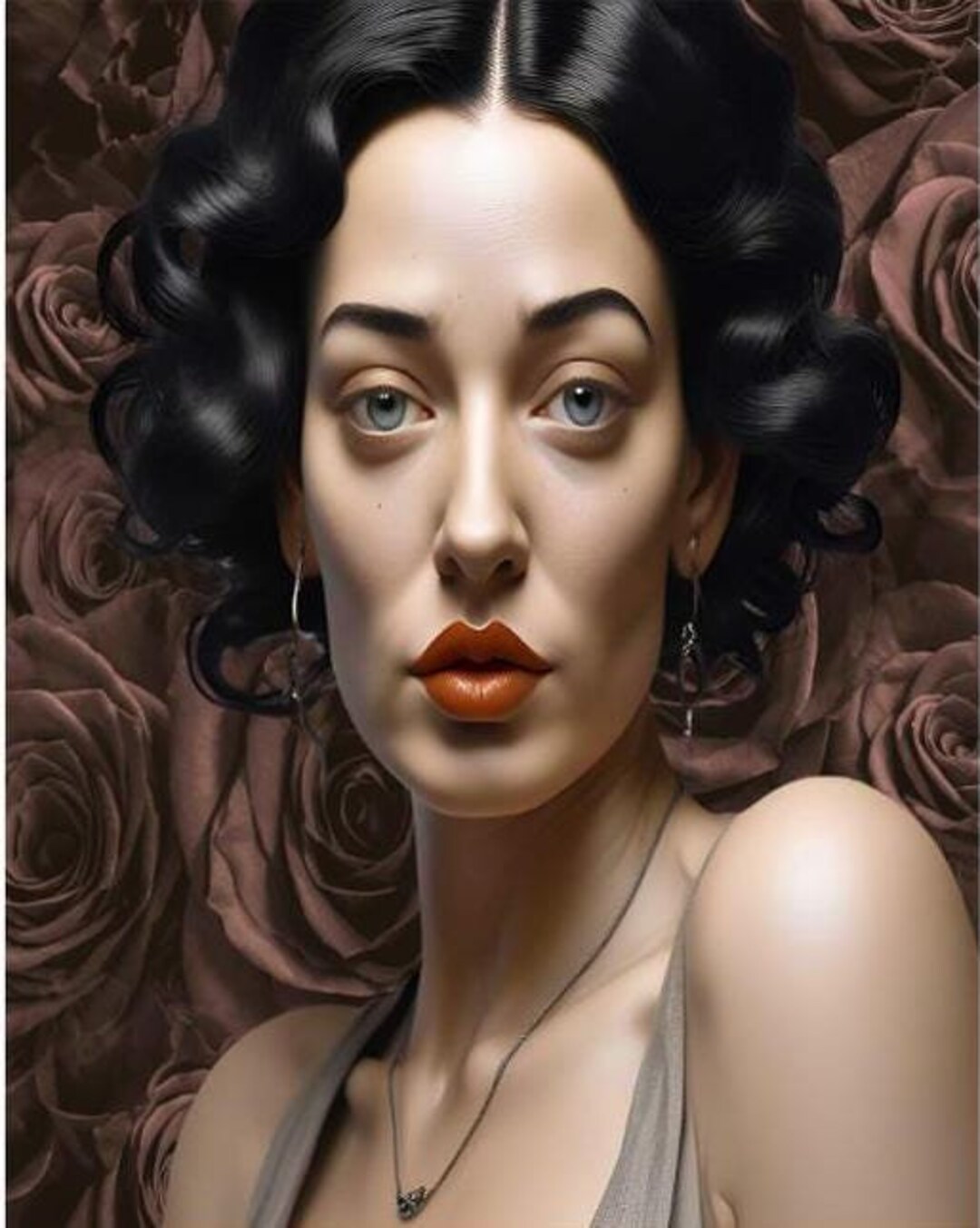 Enigmatic AI Art Print-alluring Woman Amidst Lush Roses Portrait Poster ...