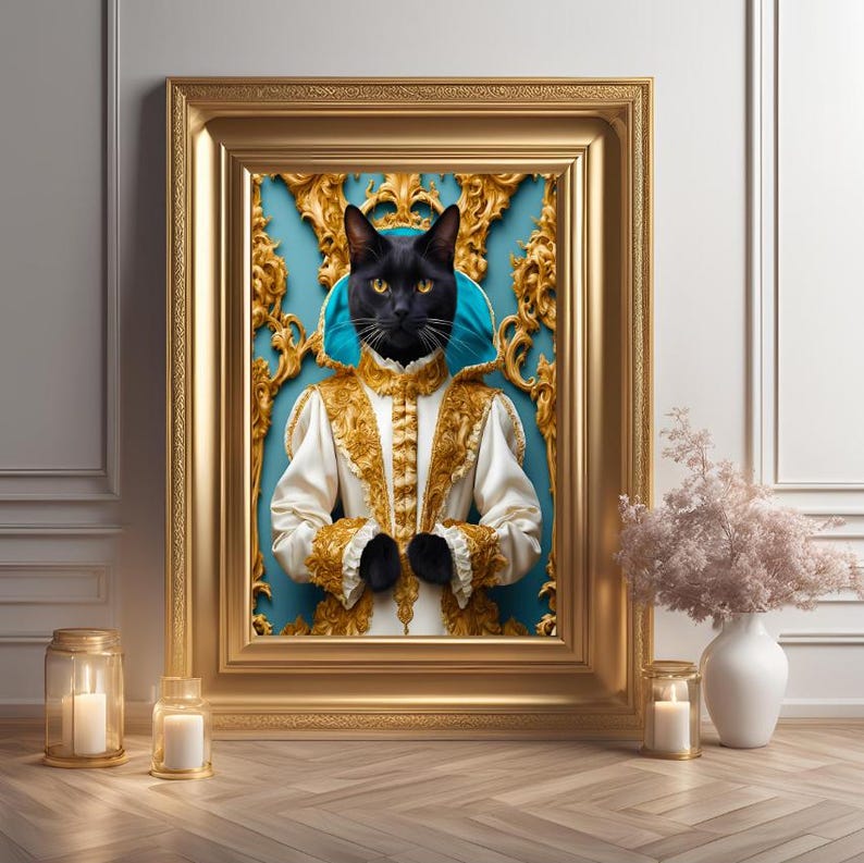 Rococo Black Cat Art Print: Regal Feline Portrait (digital Download) - Etsy