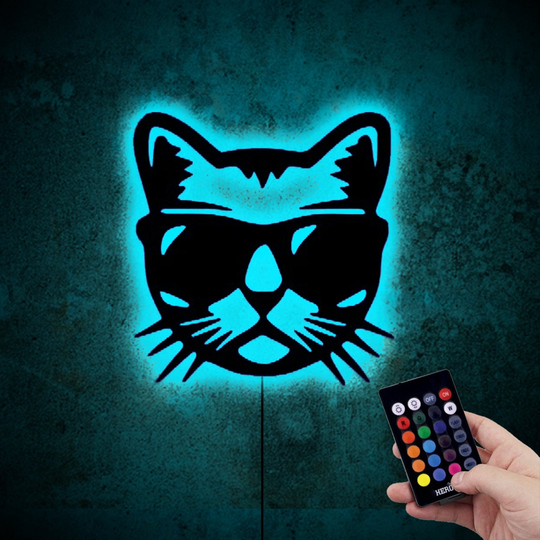 Cat With Glasses Neon Led Wall Art, Cat Room Decor, Cat Memorial, Cat ...