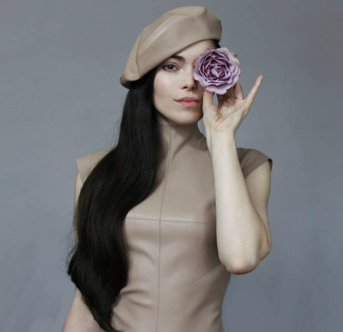 Handmade Beige Leather Beret, Head Beret, Leather Hat, Leather Beret ...