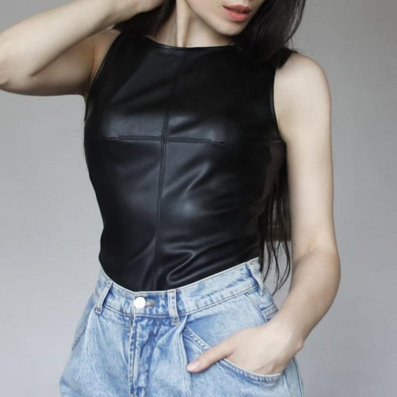 Stylish Women's Leather Tank Top – Edgy Sleeveless Faux Leather Fashion ...