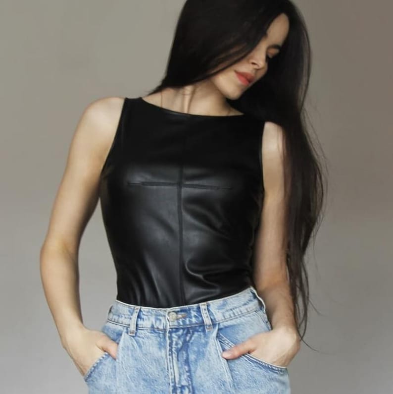 Stylish Women's Leather Tank Top – Edgy Sleeveless Faux Leather Fashion ...