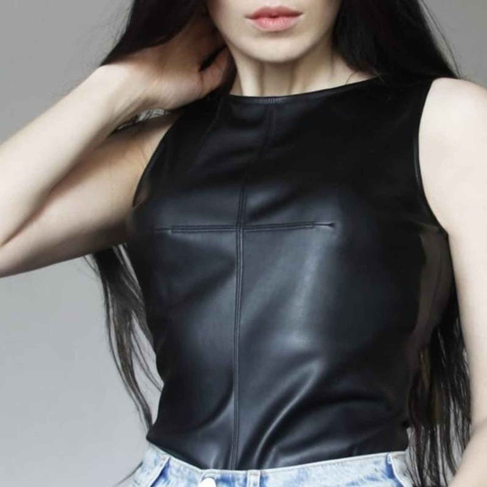 Stylish Women's Leather Tank Top – Edgy Sleeveless Faux Leather Fashion ...