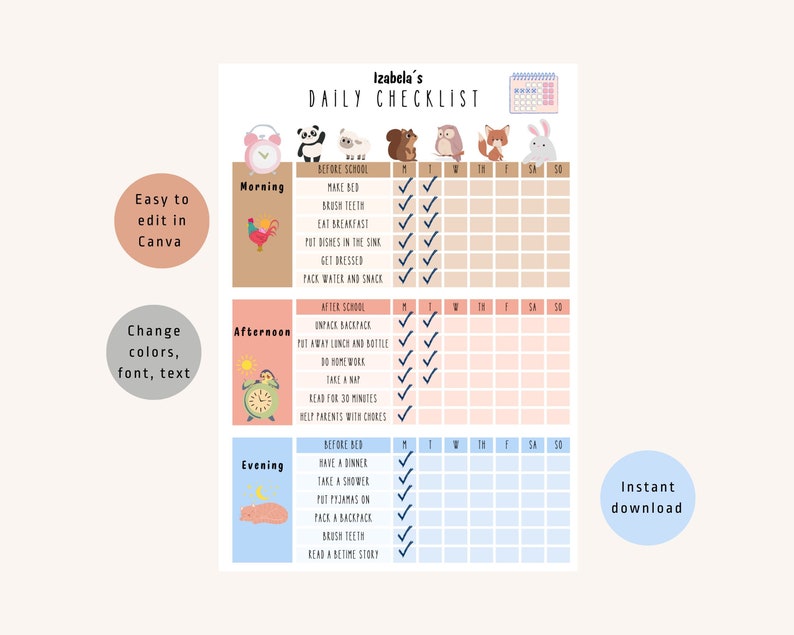 Editable Daily Checklist for Kids Kids Responsibility Chart, to Do List ...