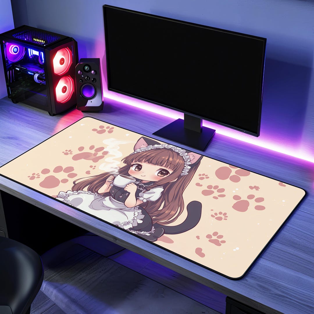 Desk Mats - Cute Chibi Anime Cat Girl Maid Outfit Coffee, Gaming Mouse ...