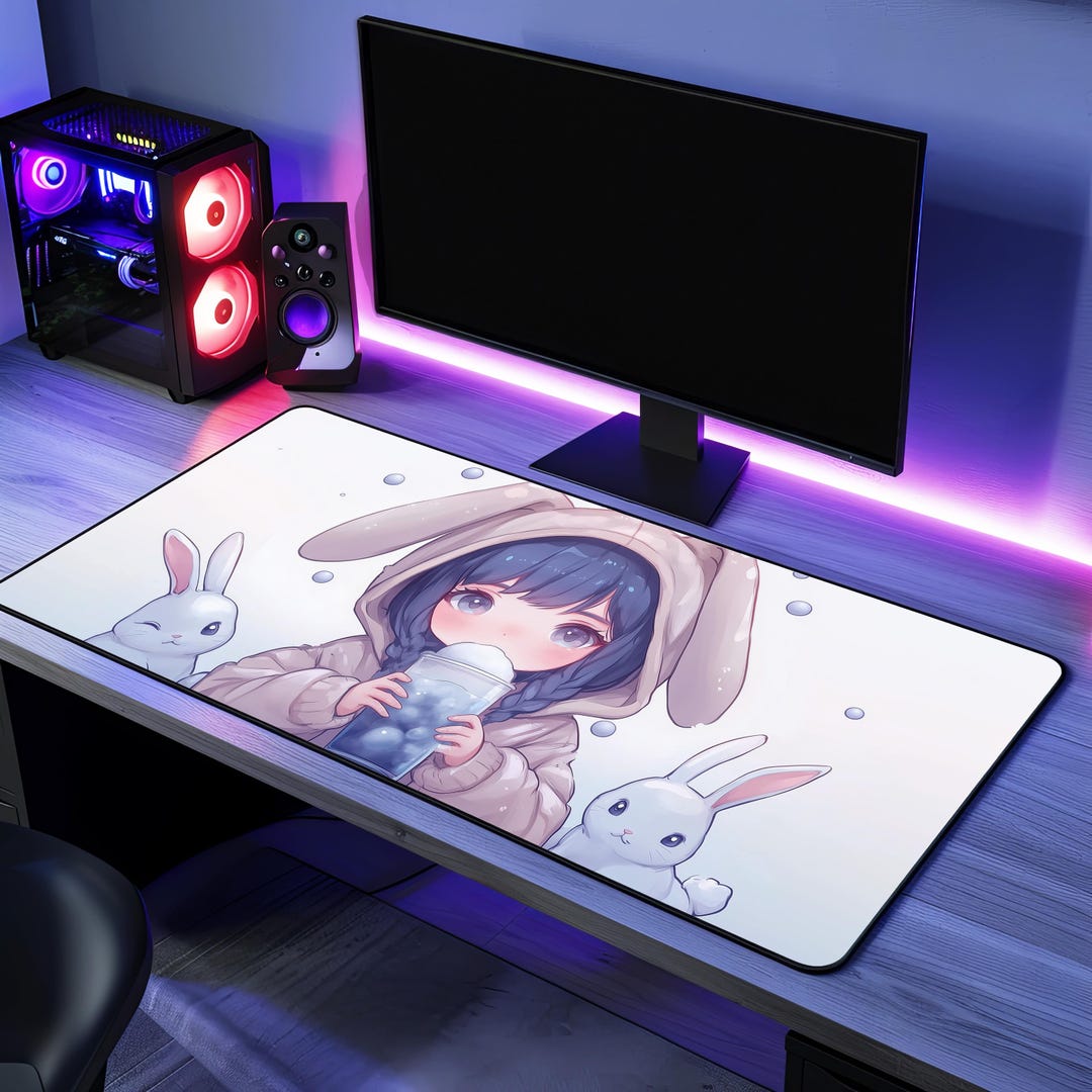 Desk Mats, Cute Chibi Anime Girl and Bunnies Design, Gaming Mouse Pad ...