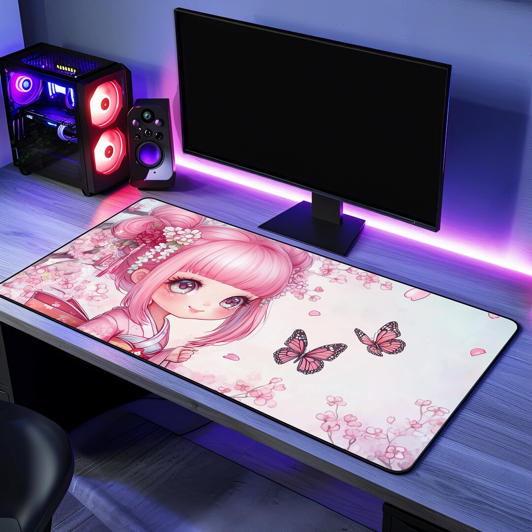 Chibi Anime Girl Desk Mats, Cute Pink Cherry Blossoms Butterflies Desk ...