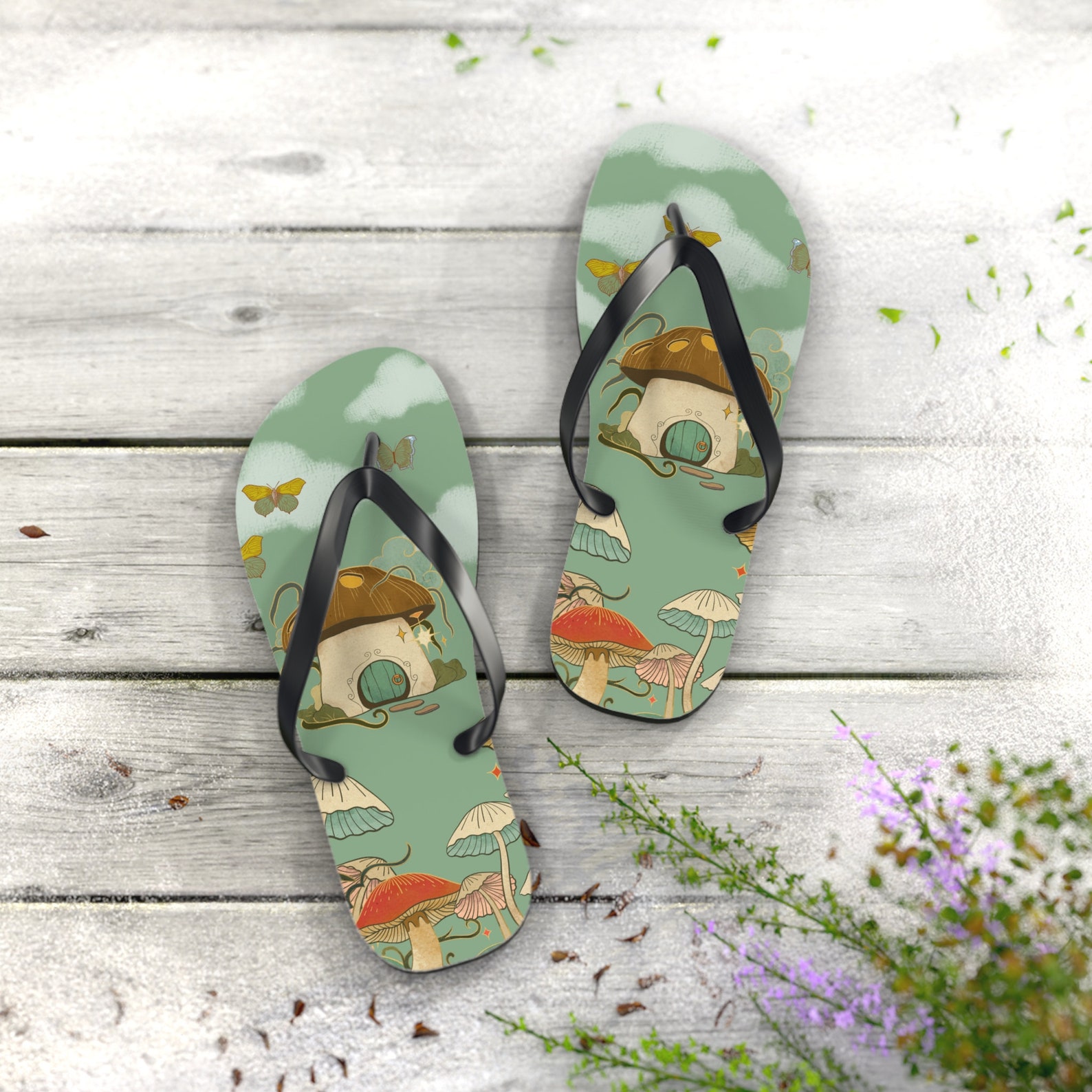 Graphic Mushroom House Flip Flops | Women's Summer Sandals - Etsy