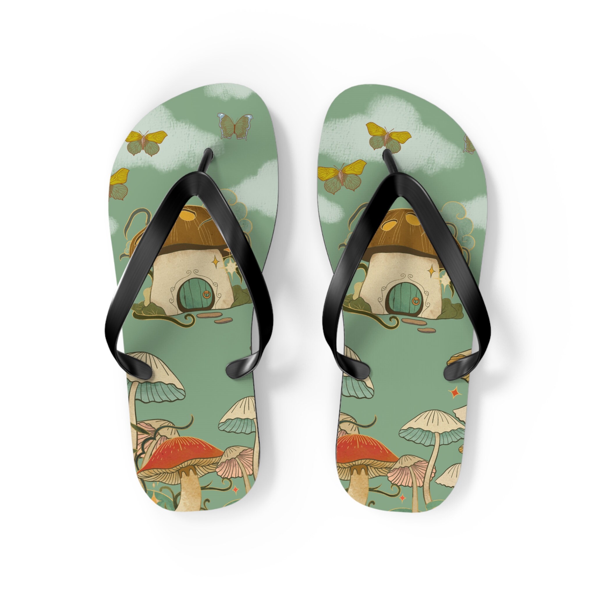 Graphic Mushroom House Flip Flops | Women's Summer Sandals - Etsy