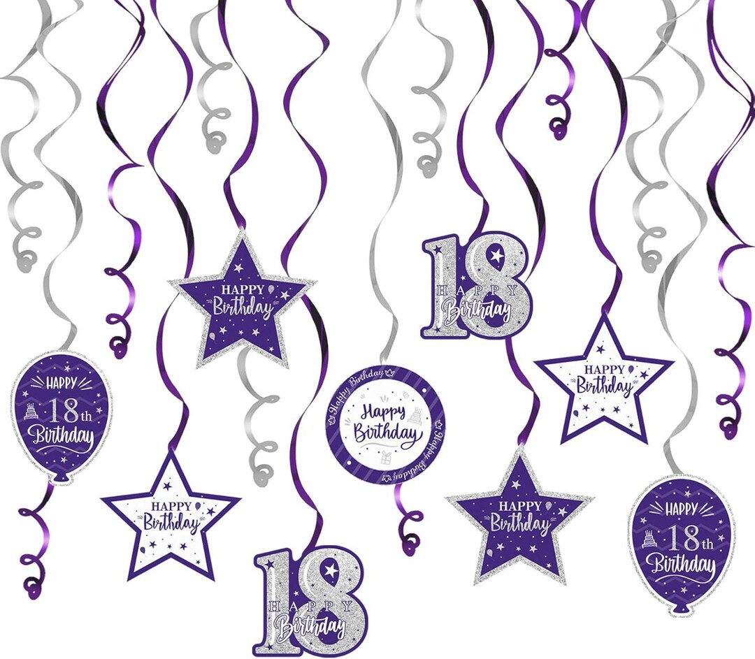 Happy 18th Birthday Purple & Silver Glitter Swirls Streamers Party ...