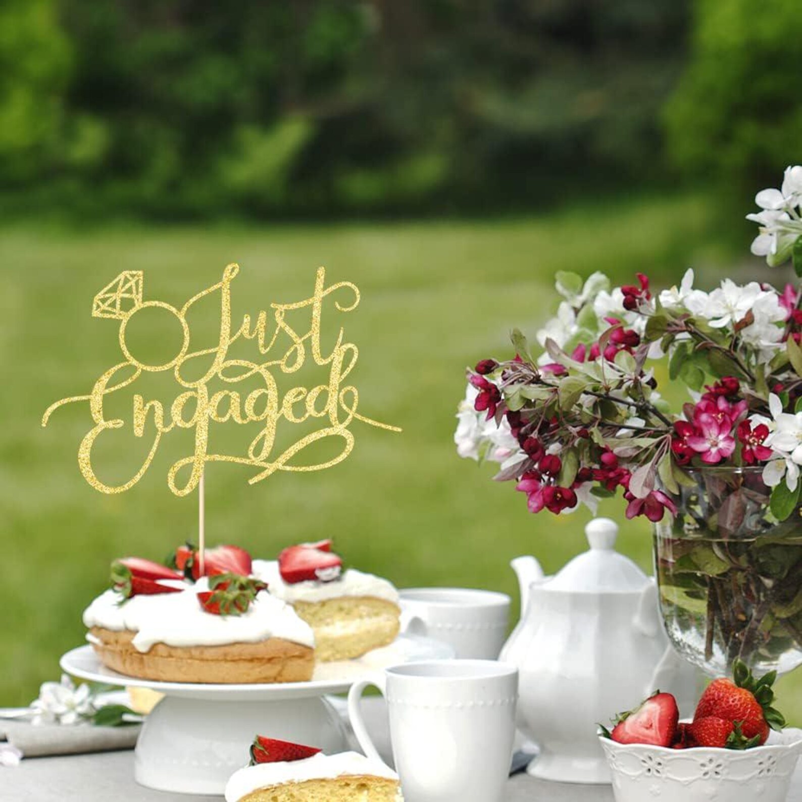 Just Engaged Cake Topper for Engagement Party Decorations, Engaged Ring ...