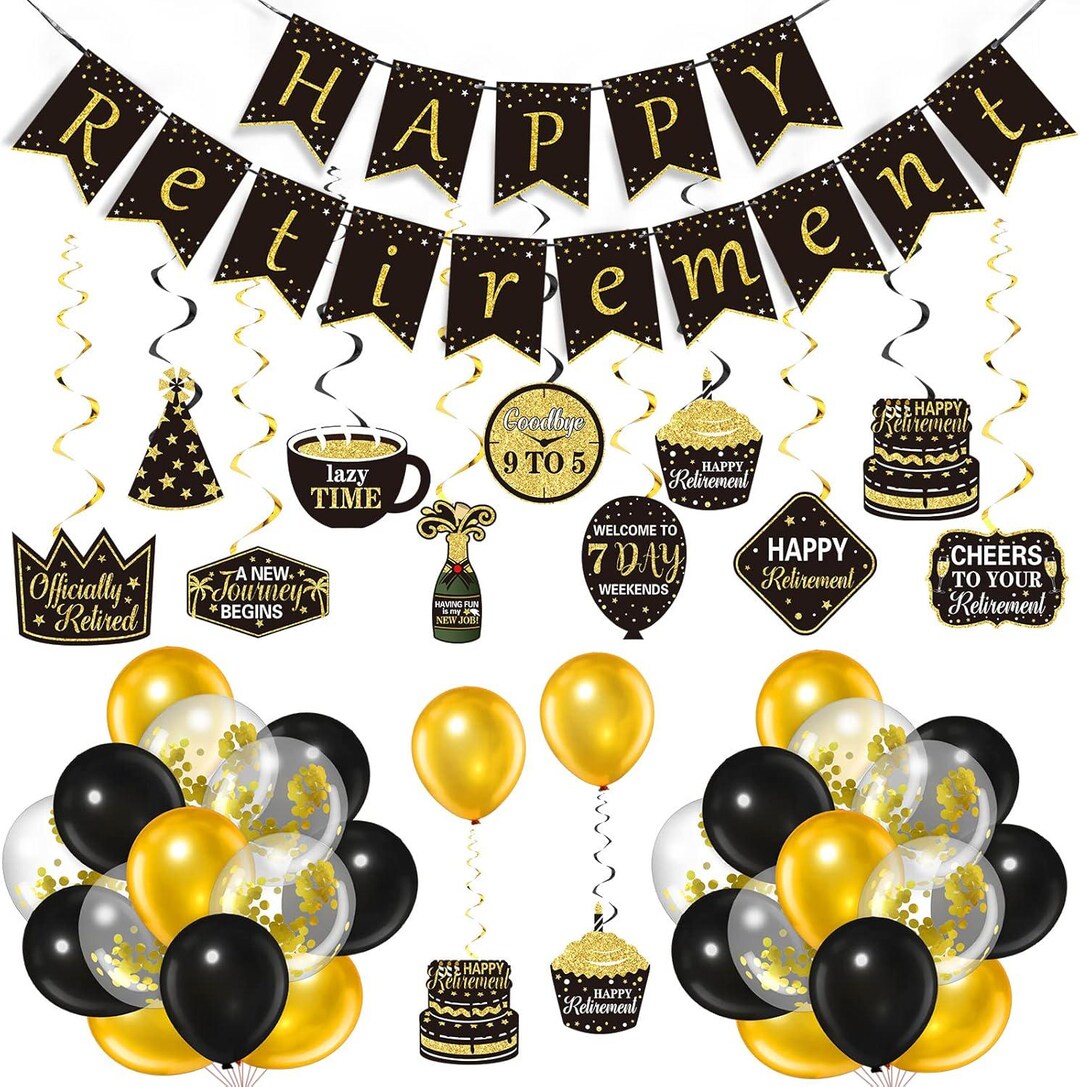 44 Pcs Retirement Party Decor Kit: Banner, Swirls, Balloons & Ribbons ...
