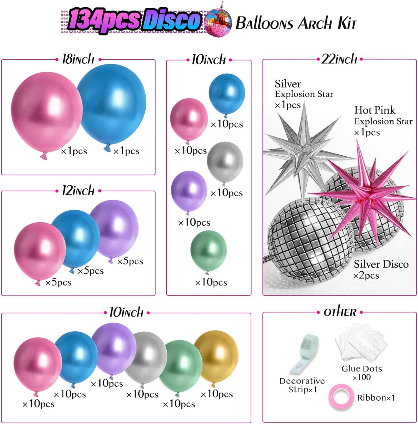 Disco Balloon Arch Kit: Metallic Party Balloons With Starburst & Disco ...