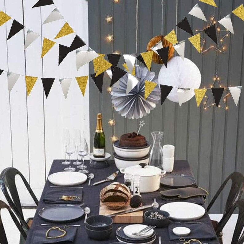 Gold Black Silver Vingage Triangle Flag Banner for Graduation Party ...