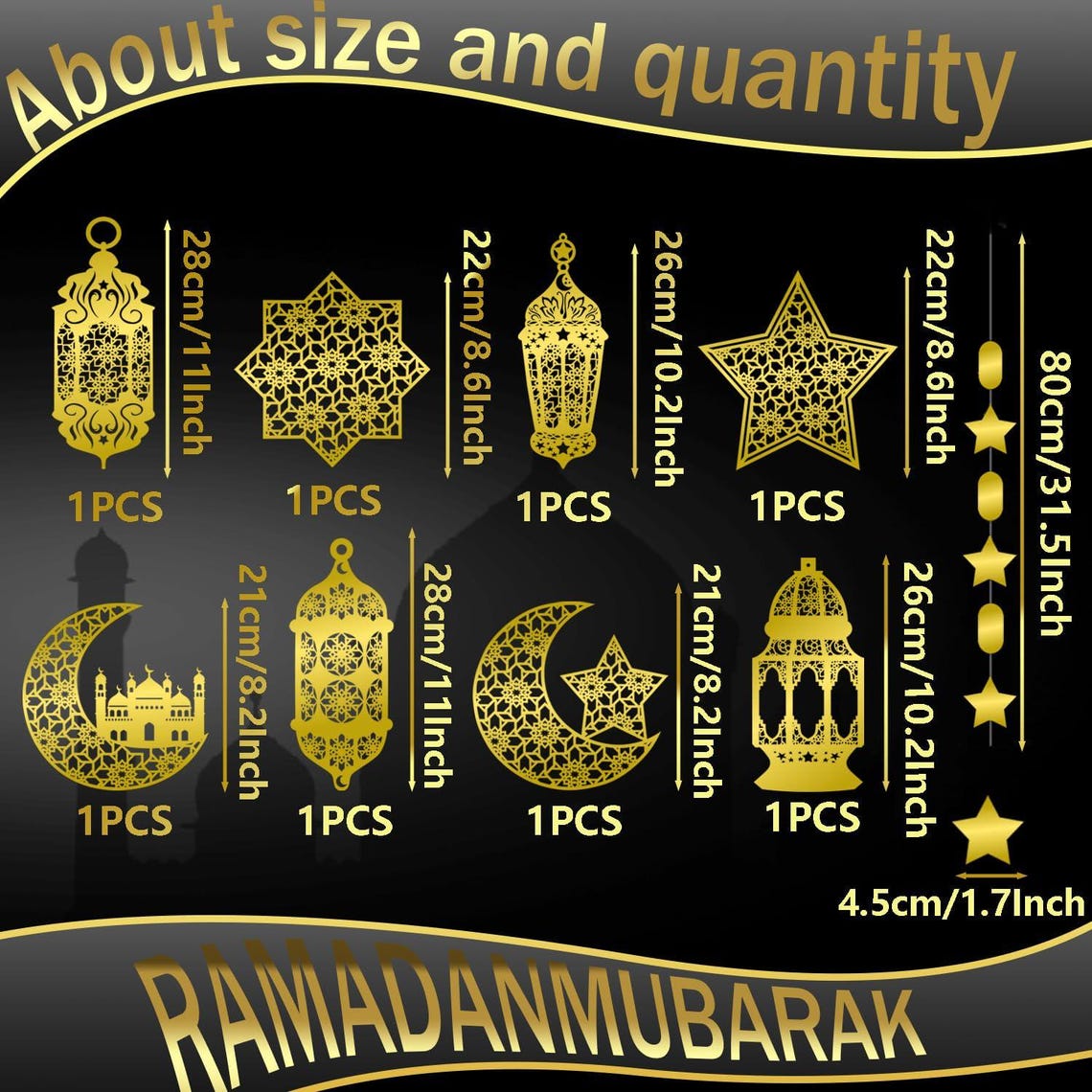 Ramadan Mubarak Garland Eid Decorations, Shining Gold Star Moon Lantern ...