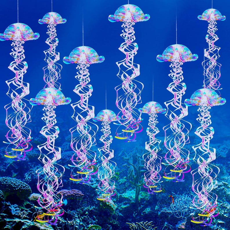8 Pcs Glitter Iridescent Clear Jellyfish Party Decorations Hanging ...