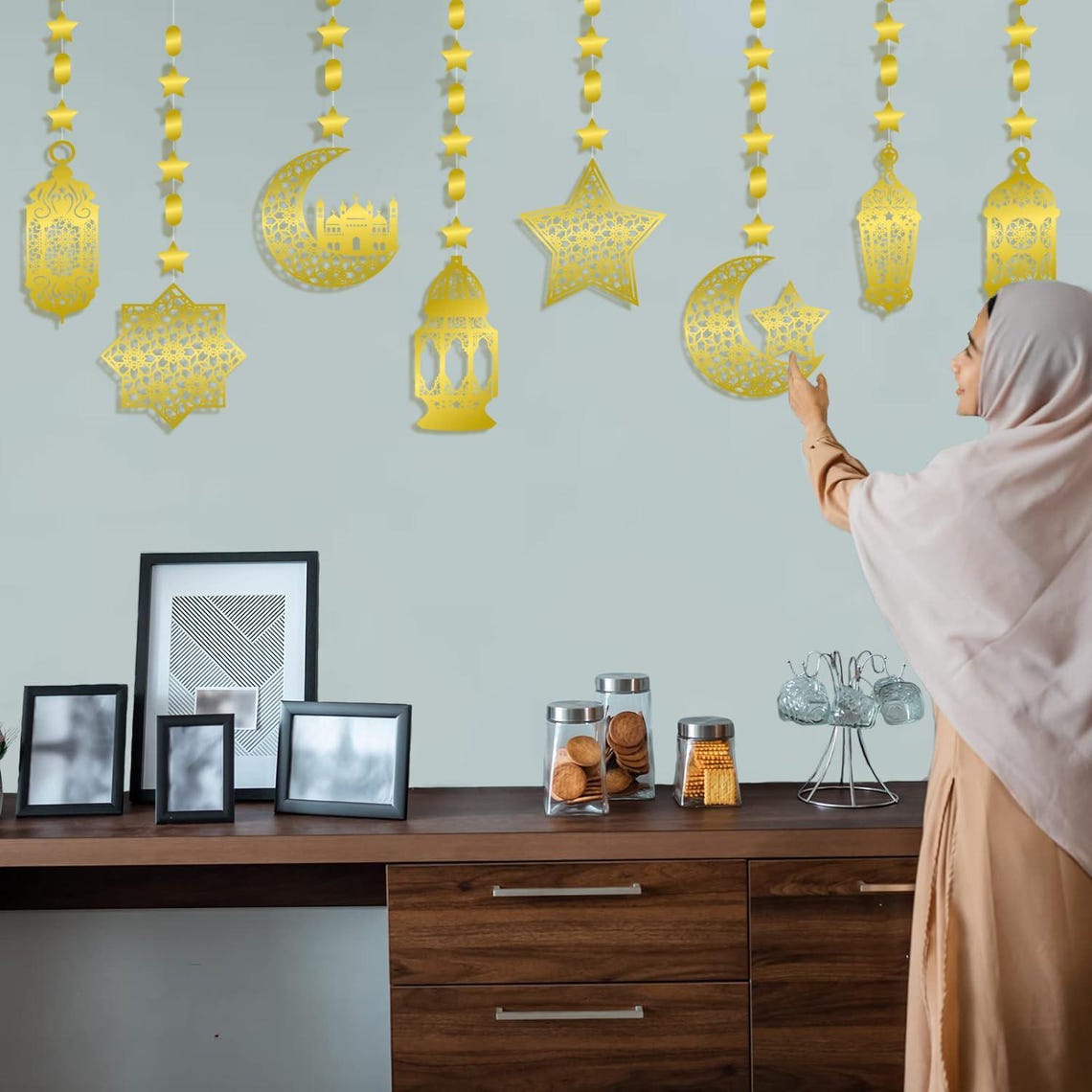 Ramadan Mubarak Garland Eid Decorations, Shining Gold Star Moon Lantern ...