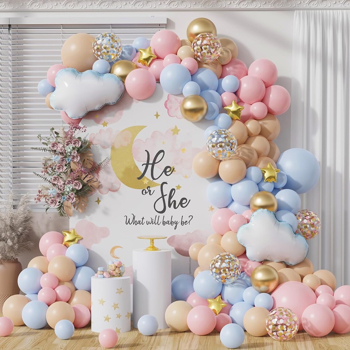 Gender Reveal Cloud Balloon Garland Arch Kit 151PCS Pastel Pink and Blue Confetti Balloon for He ...