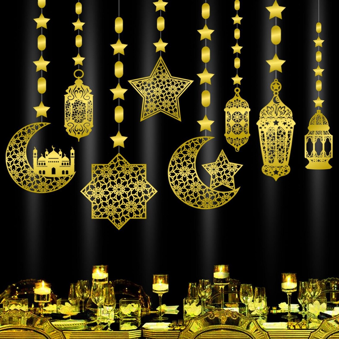 Ramadan Mubarak Garland Eid Decorations, Shining Gold Star Moon Lantern ...