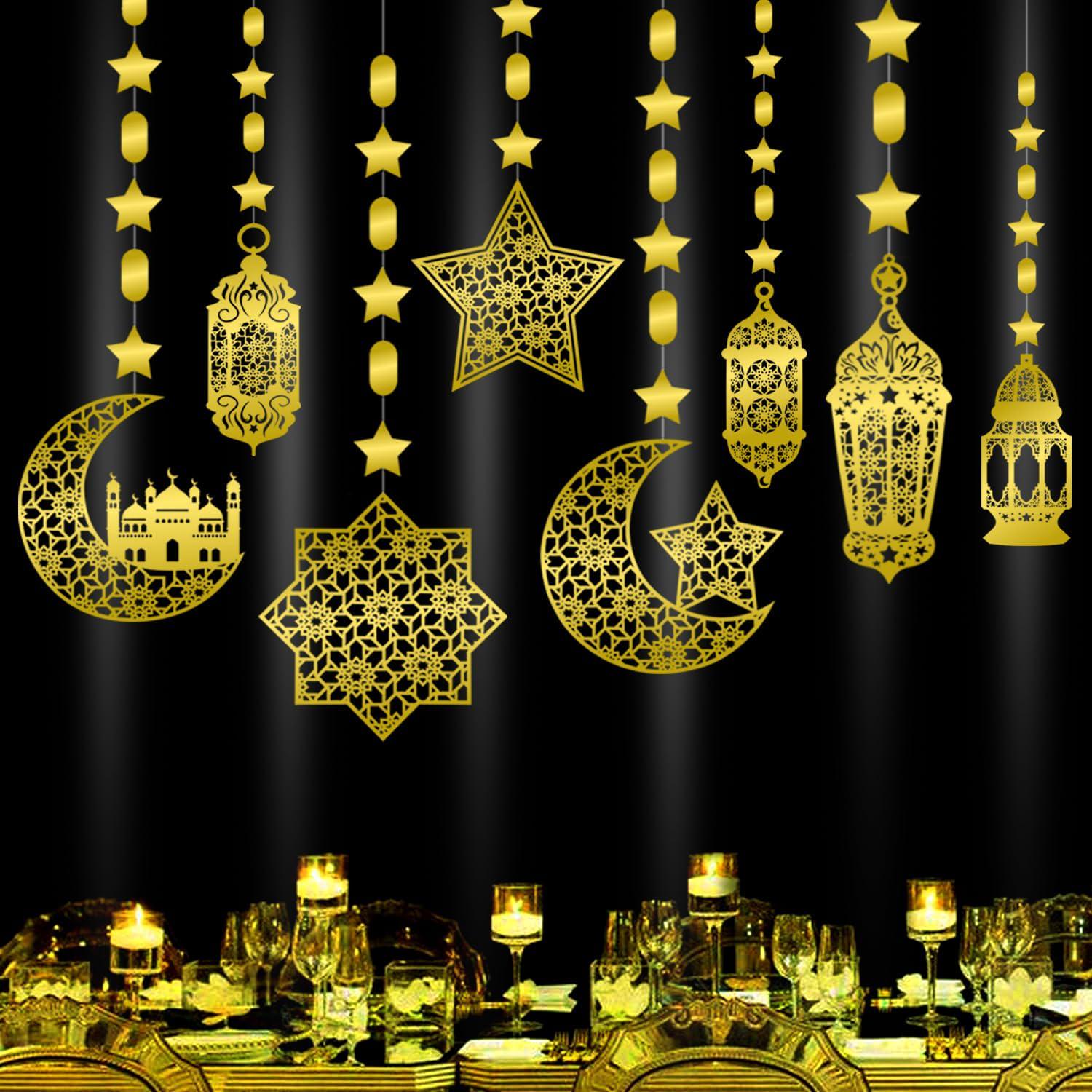 Ramadan Mubarak Garland Eid Decorations, Shining Gold Star Moon Lantern ...