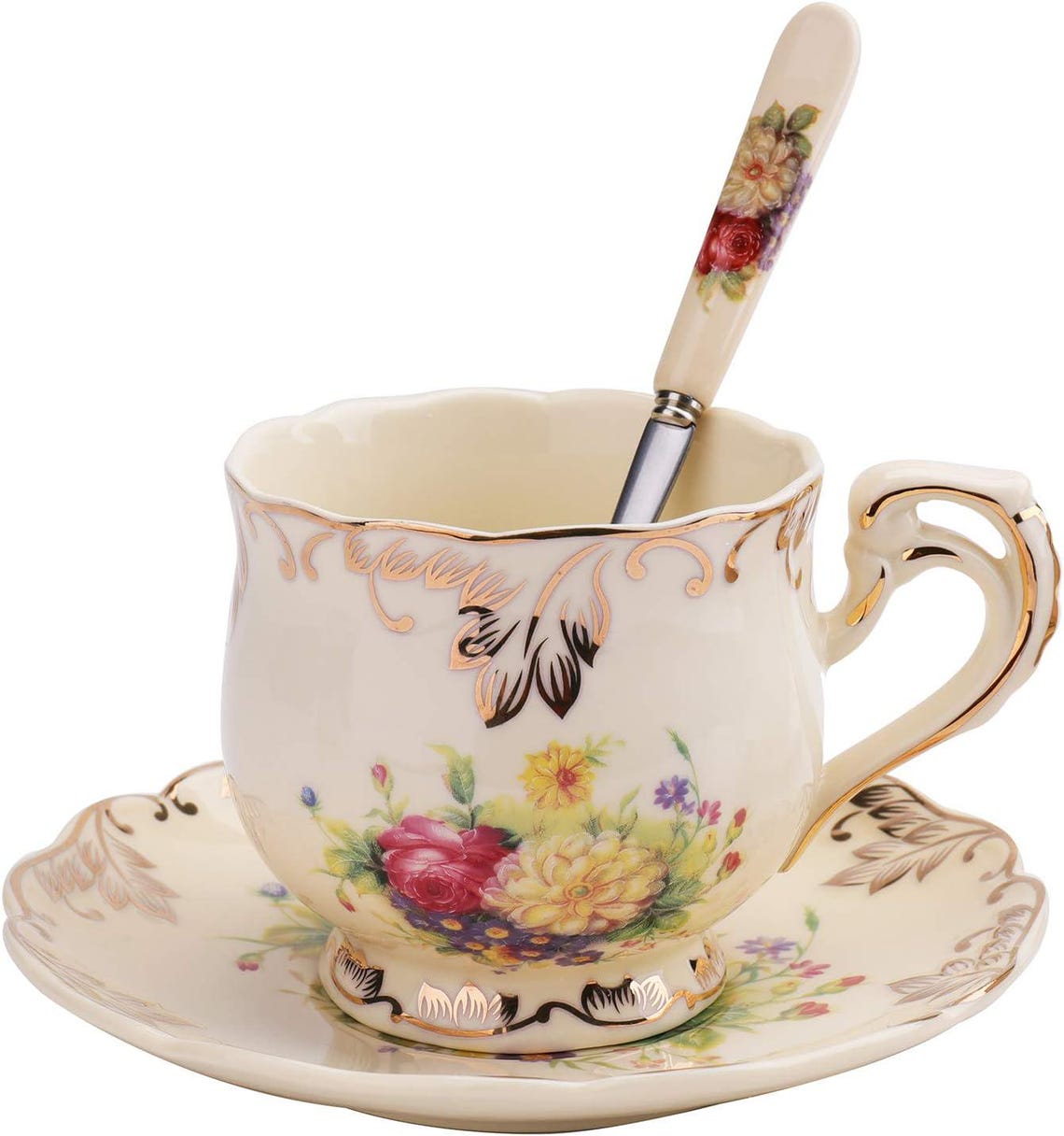 Set of 2 Tea Cup and Saucer, 8 Oz. Flowering Shrubs Ivory Ceramic ...