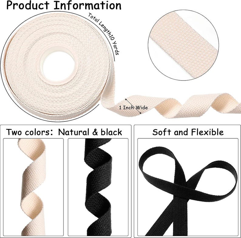 2 Rolls, 20 Yards Cotton Webbing 1 Inch for DIY Crafts Decoration Heavy ...