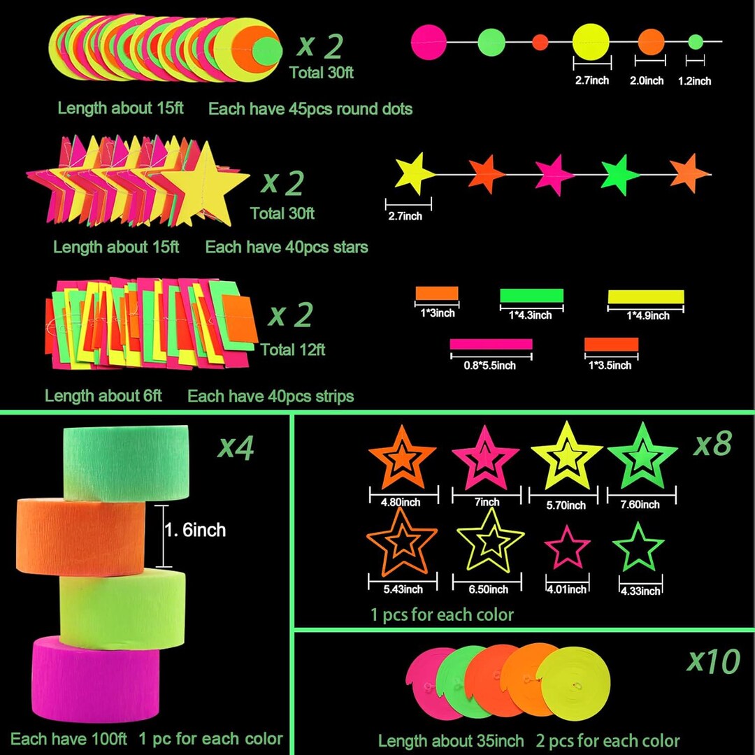 508ft UV Neon Paper Garland Crepe Streamers Glow in the Dark Party ...