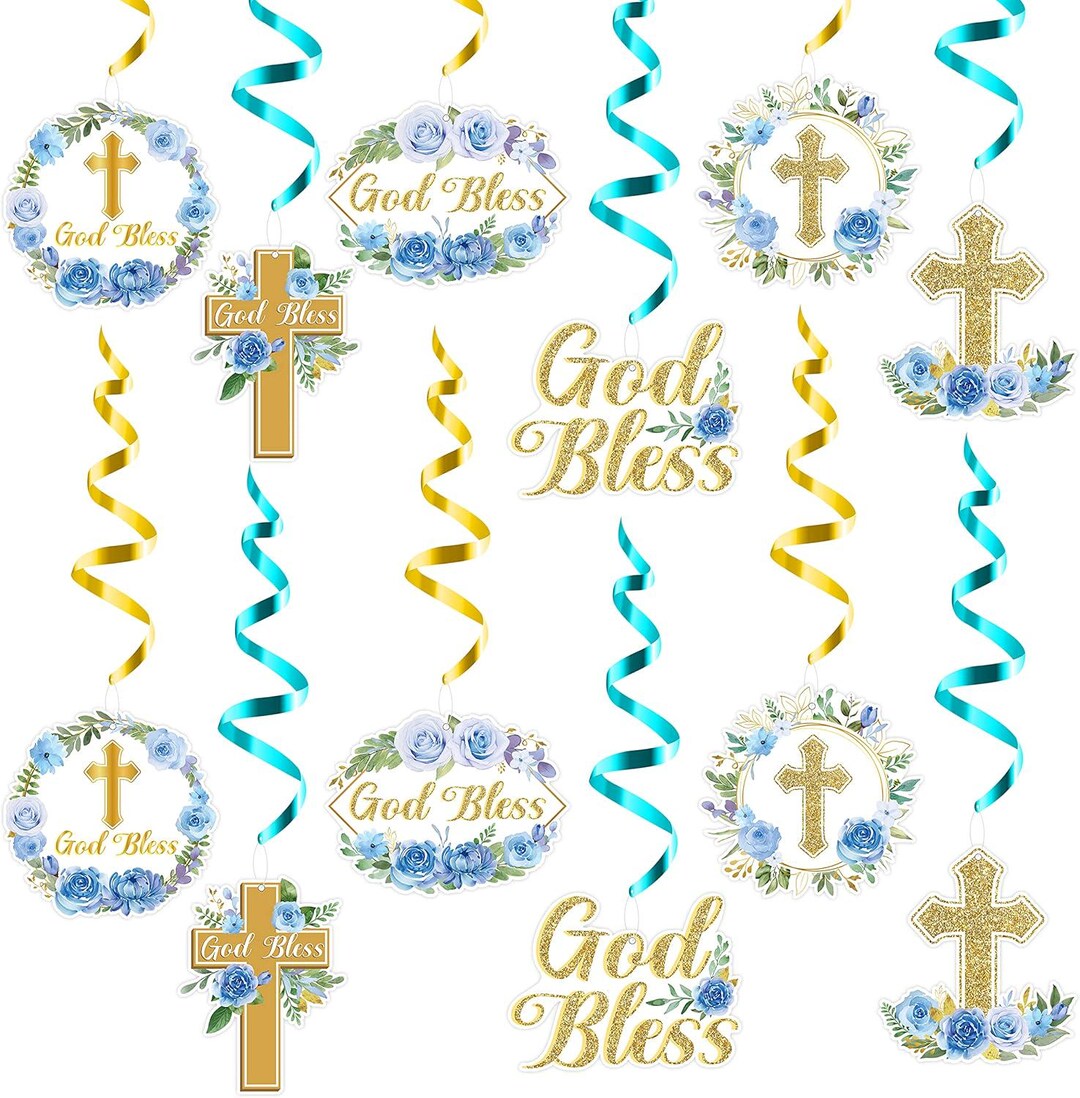 Blue Floral Cross Hanging Swirls Decor, Religious Party Supplies ...
