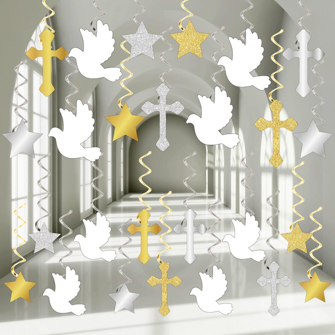 Communion Hanging Swirls God Bless Baptism Decorations Gold and White ...