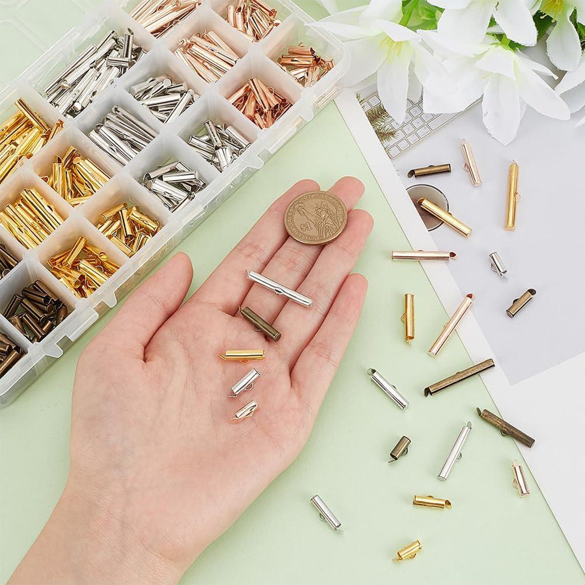 480pcs Slider End Clasps 4 Colors Beading Tubes Slider End Caps Slide ...
