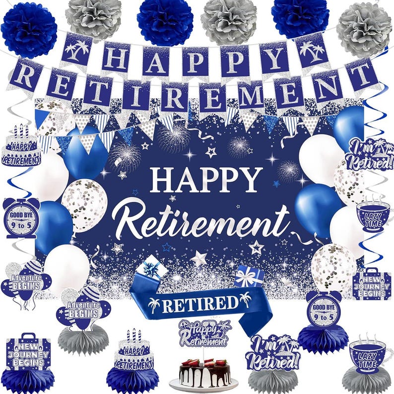 Retirement Party Decorations for Men Women, 22pcs Blue Silver Happy ...