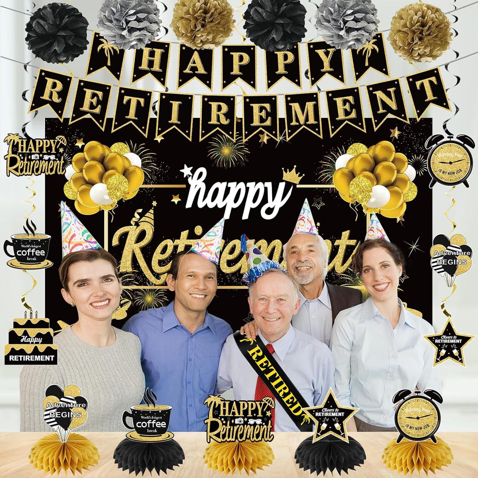 Happy Retirement Party Decorations Kit for Men Women, Kuxriox Black ...