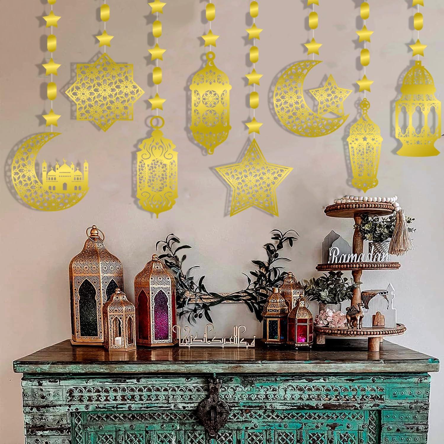 Ramadan Mubarak Garland Eid Decorations, Shining Gold Star Moon Lantern ...