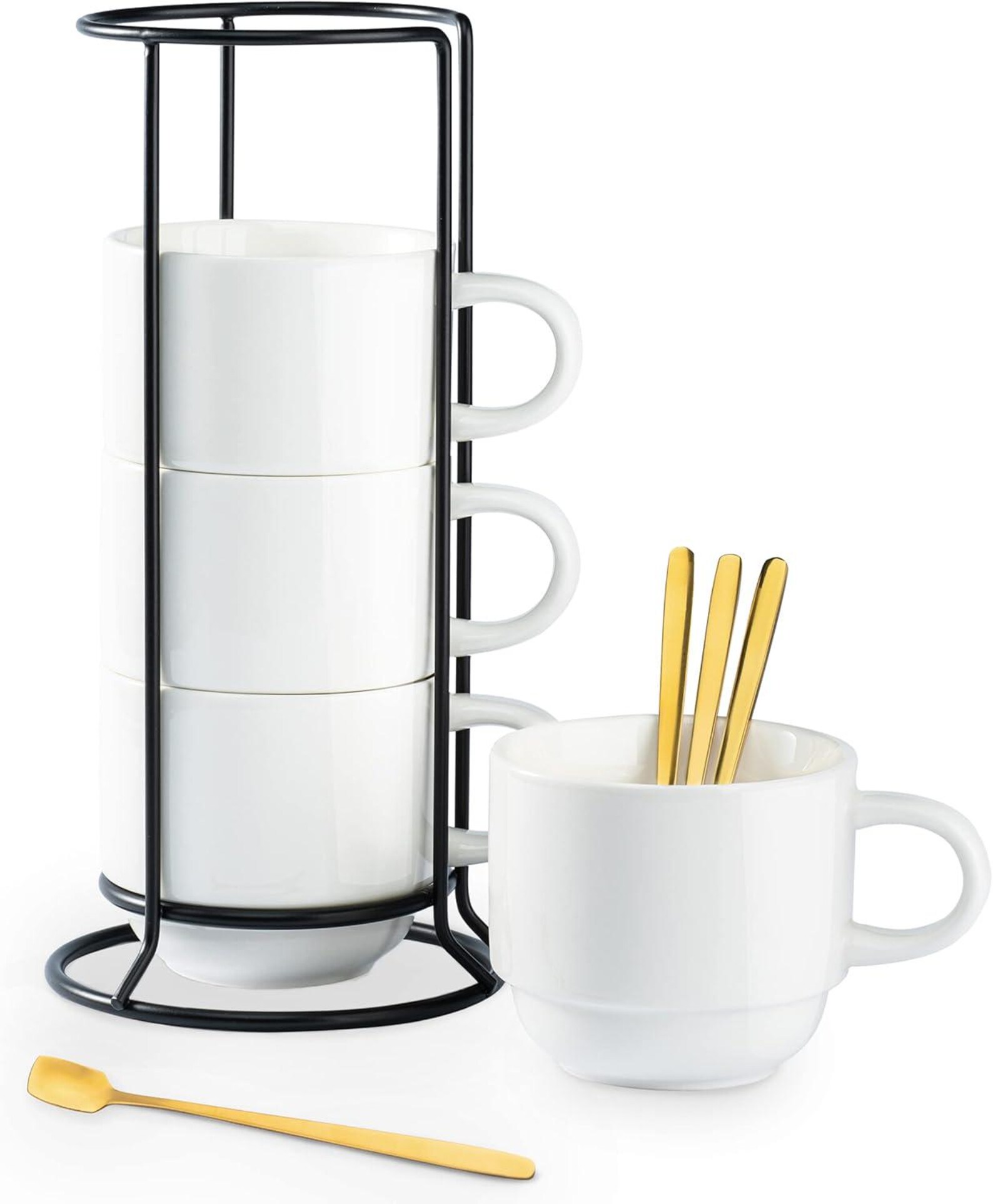 Porcelain Coffee Mug Set With Metal Stand, Ceramic Cups With Espresso ...