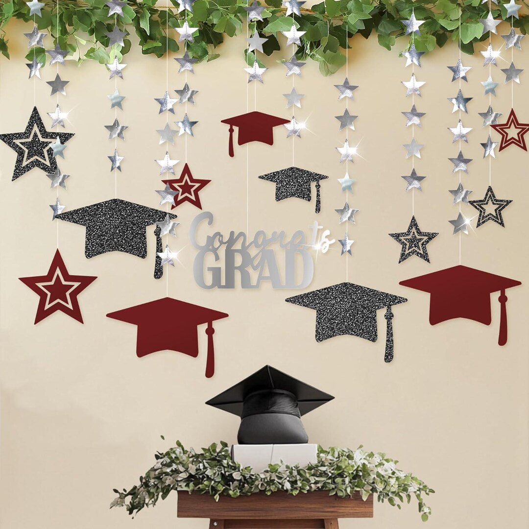 Burgundy Graduation Party Decoration Red Kit Black Cap Decor Shiny ...