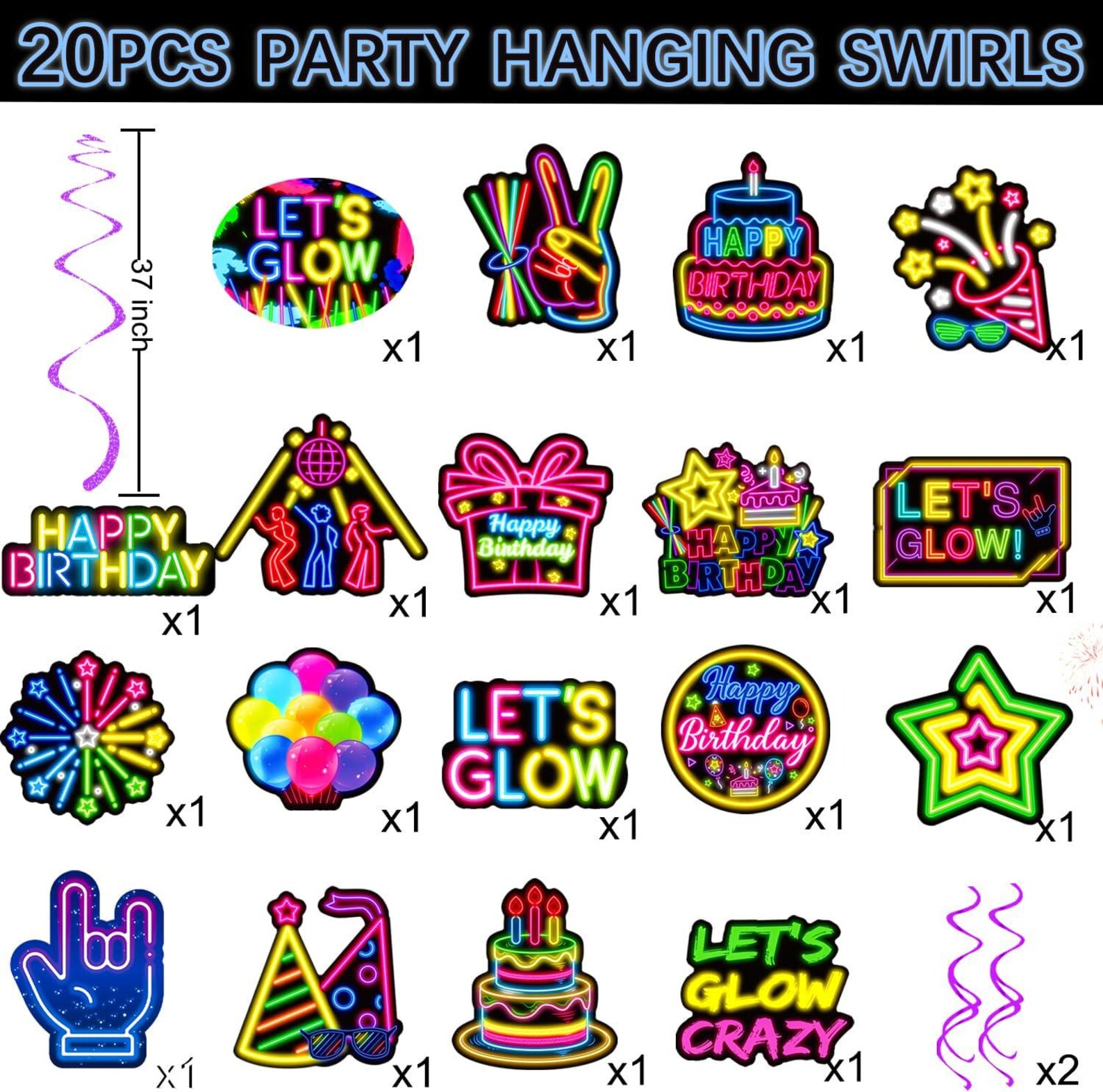 Neon Party Hanging Swirls Glow Birthday Decoration Neon Birthday Party ...