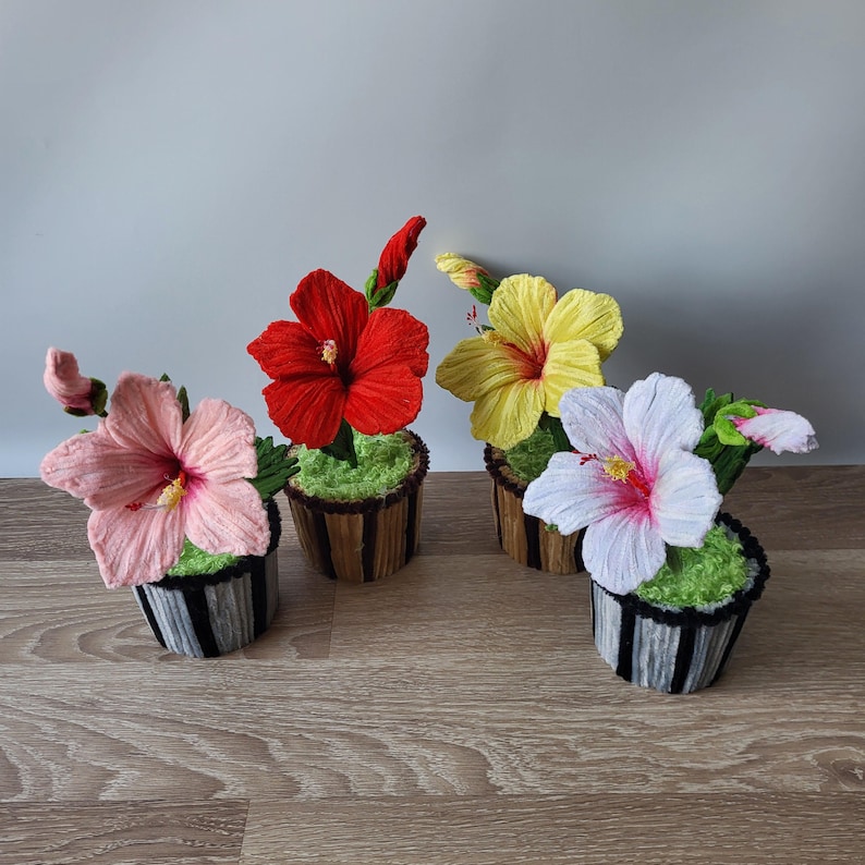 Handcrafted Chenille Stem Hibiscus Flower Pot | Customizable Floral ...