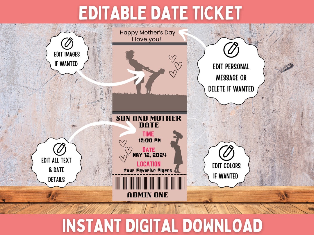Instant Digital Download, Editable Son Mommy Ticket Date, Mom Son Date ...
