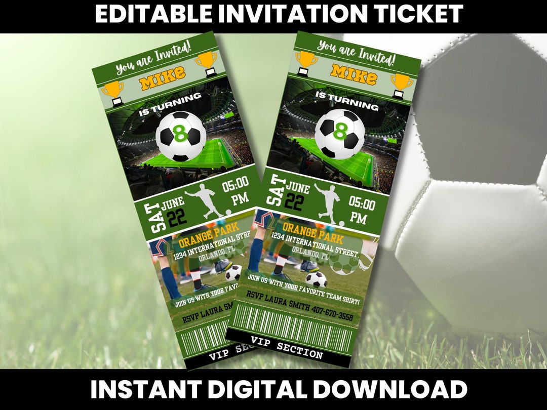 Instant Download Editable Soccer Theme Invitation, Soccer Game Ticket ...