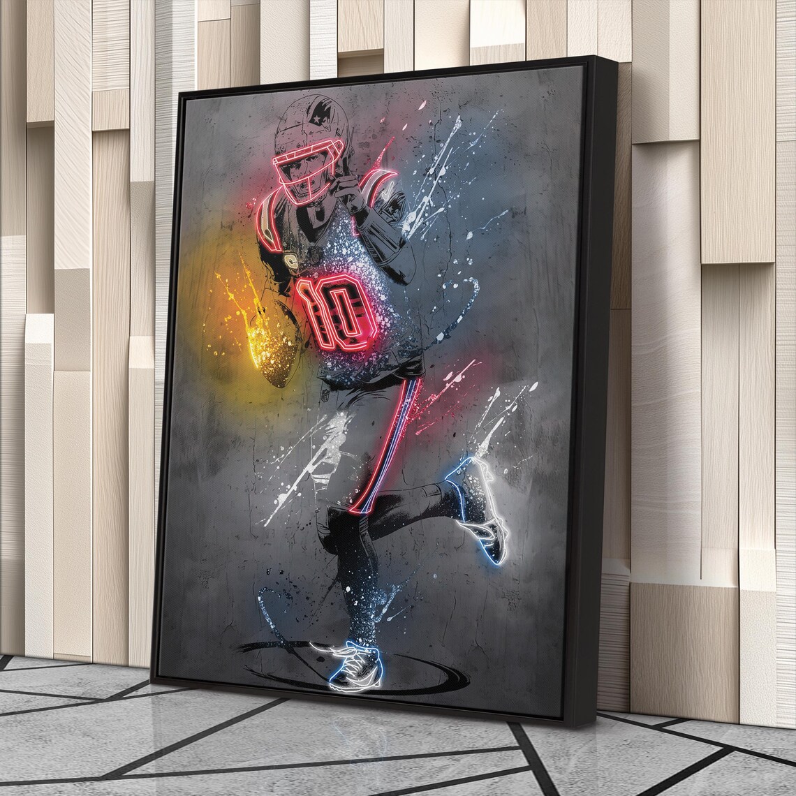 Drake Maye Poster Neon Splash New England Patriots NFL Framed Canvas ...