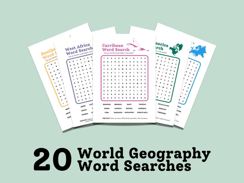 20 World Geography Word Searches - Printable Activities - Etsy