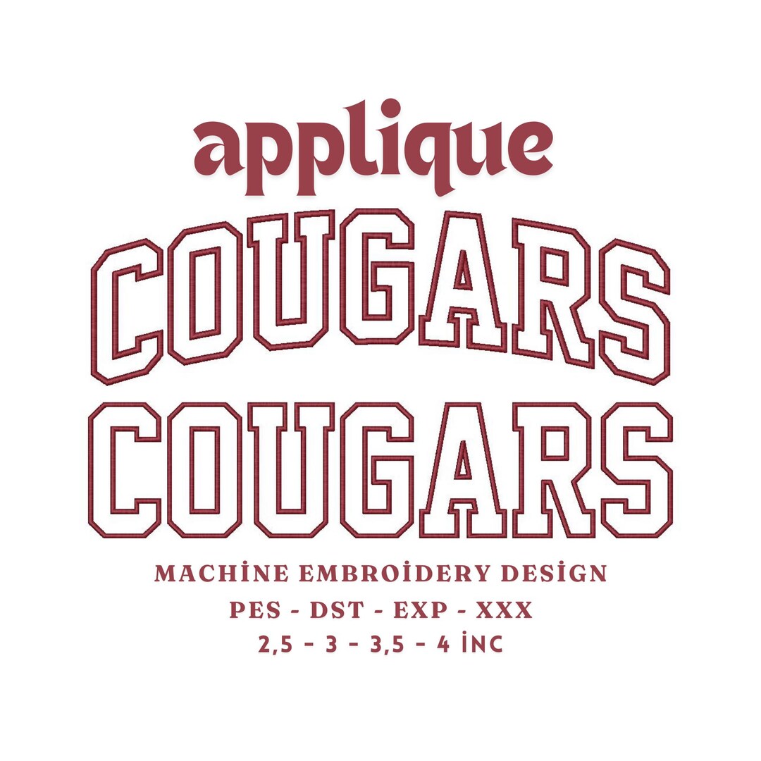 Cougars Applique Embroidery Design, Arched & Straight Varsity Font, Machine Embroidery File, Pes ...