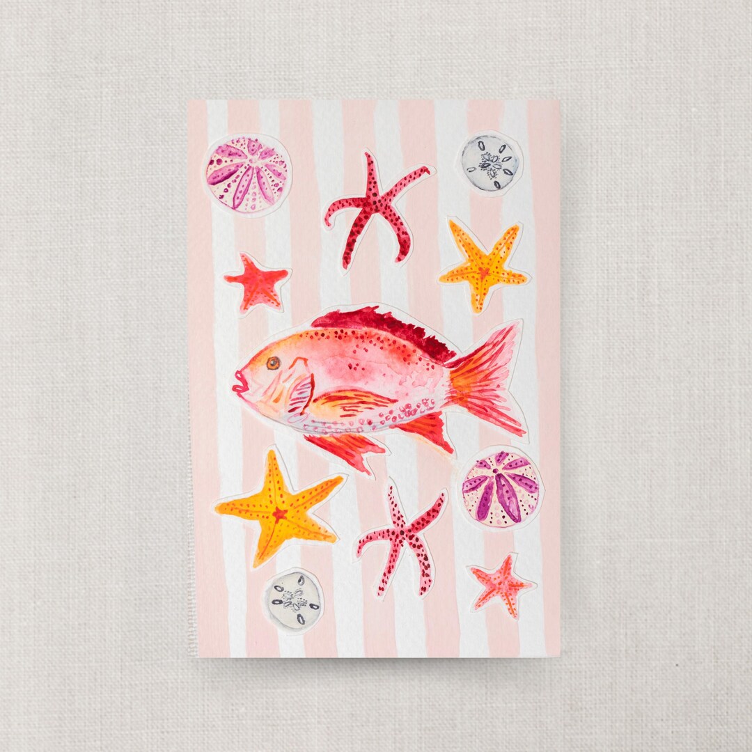 Original Unframed Red Snapper & Marine Life | 4x6 Coastal Watercolor ...