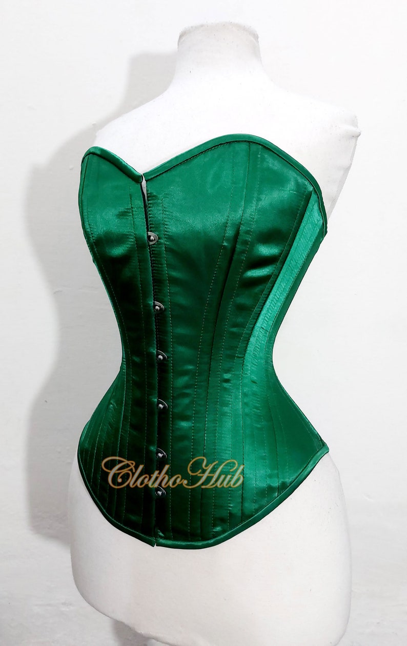Dark Green Satin Overbust Corset: Steel-boned Lace-up Waist Trainer - Etsy
