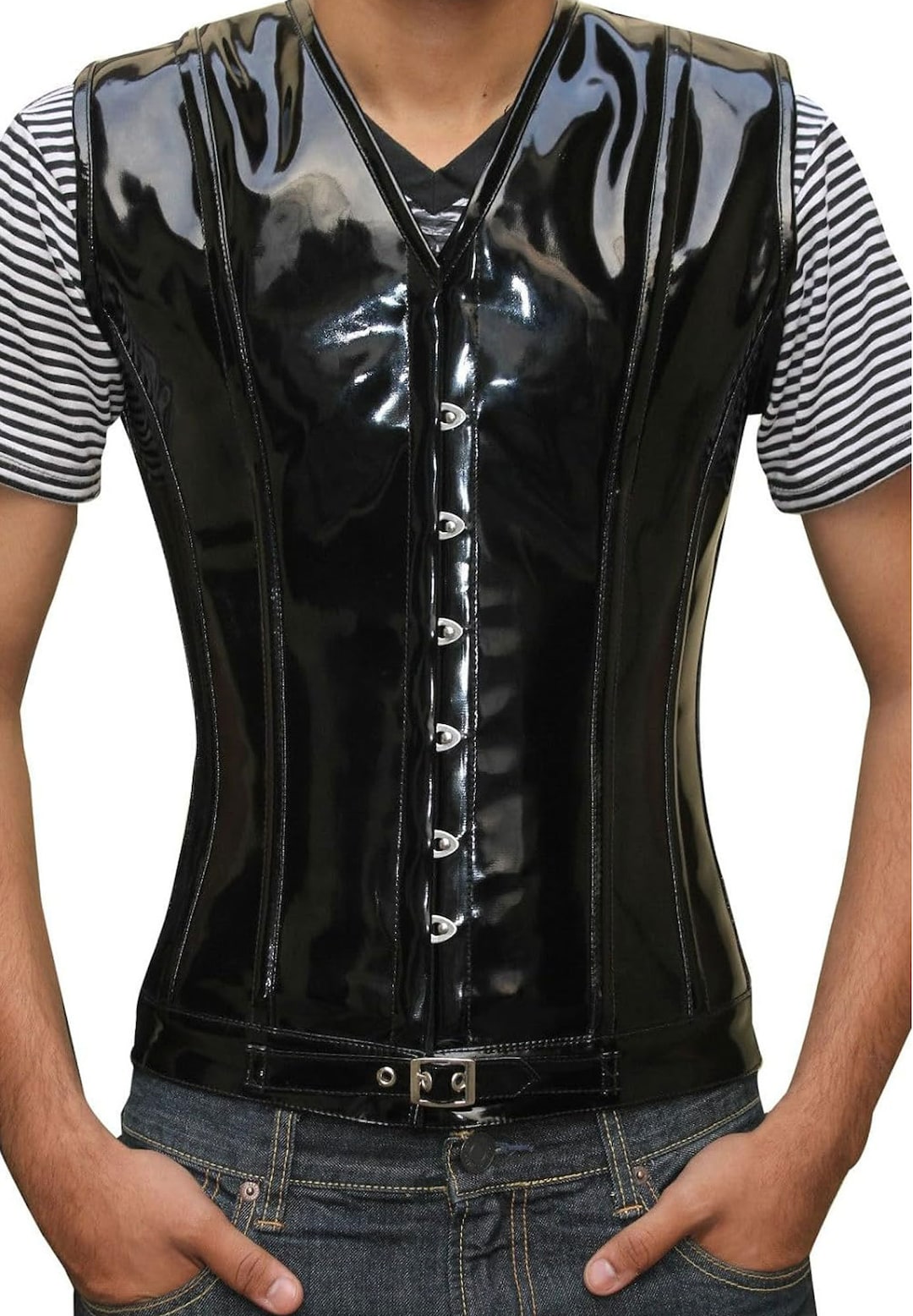 Men PVC Corset Vest Lace up Steel Boned Bluff Gay Club Waist Cincher ...