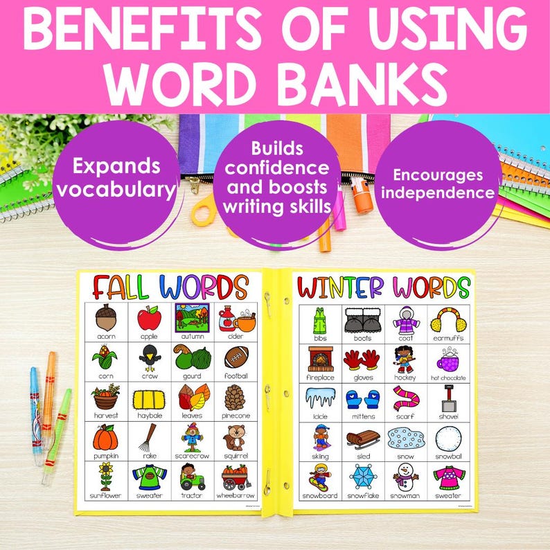 Visual Word Bank & Picture Dictionary for Writing Centers | 60 Themed ...