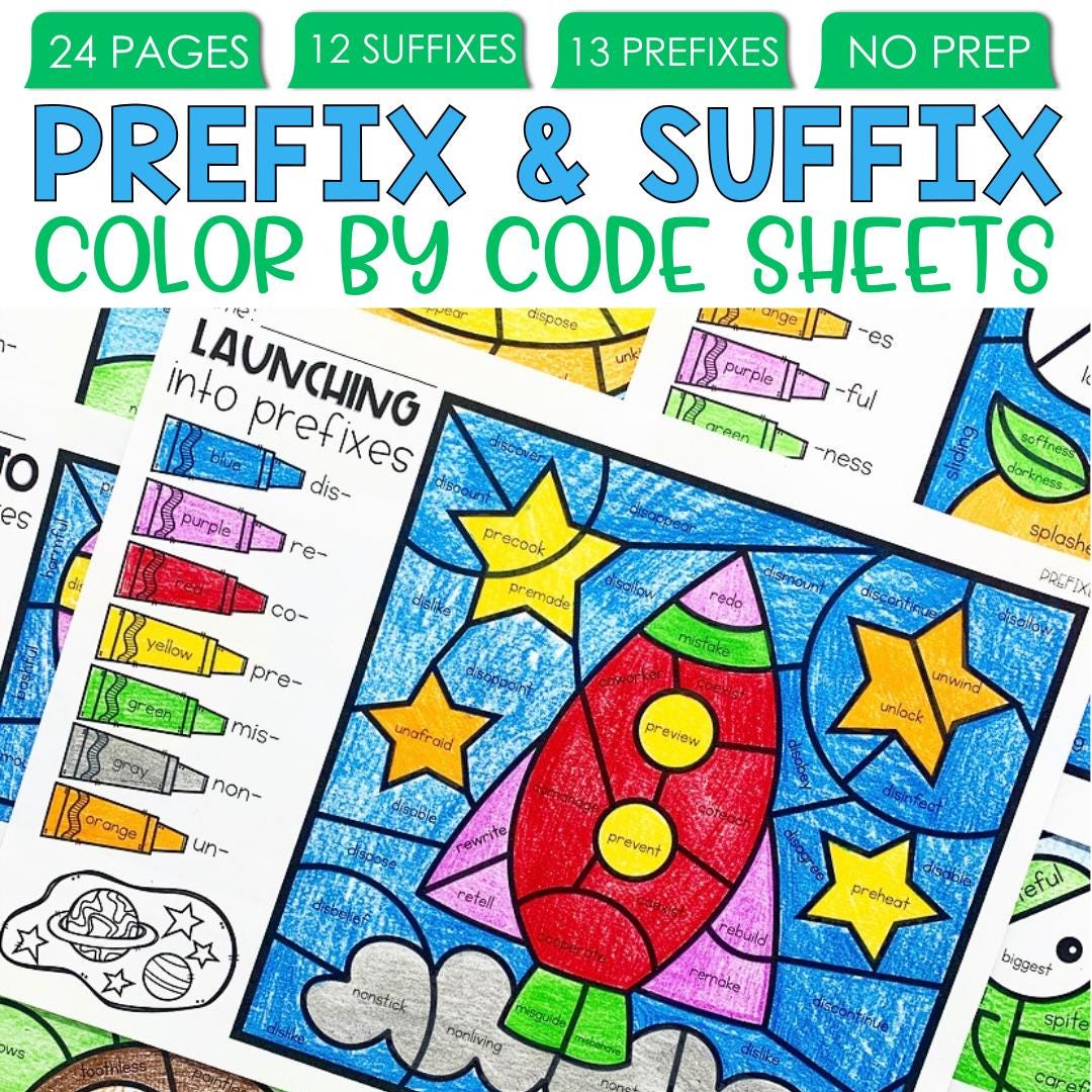 Prefixes and Suffixes Color by Code, Fun Phonics Worksheets for 1st ...