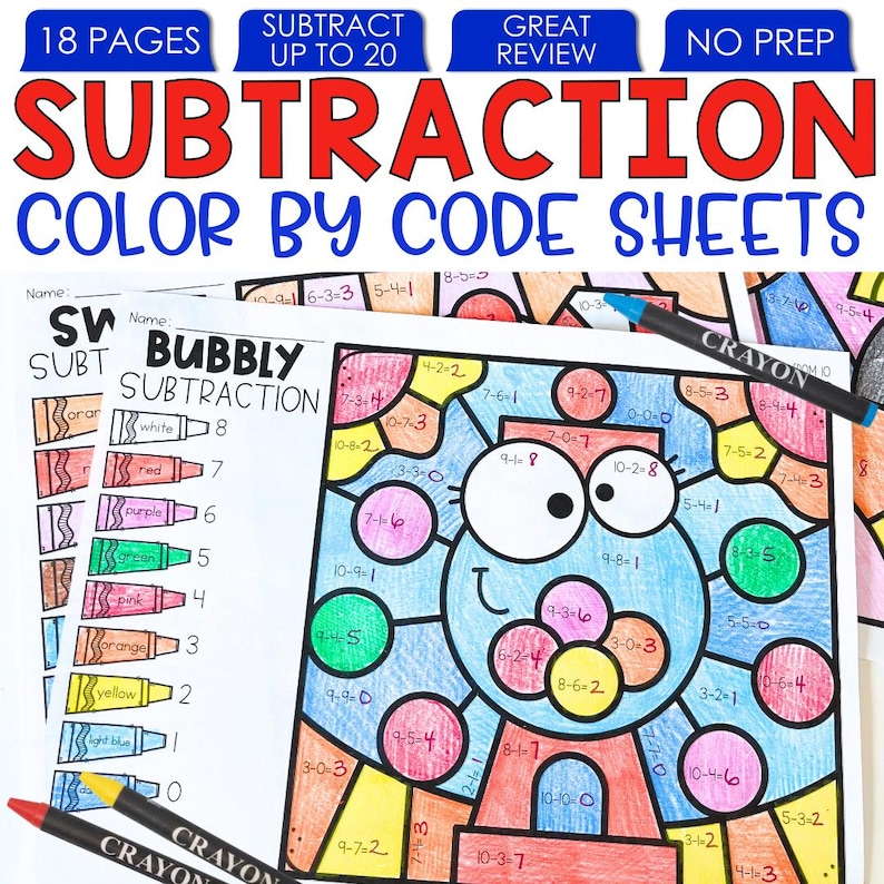 Subtraction Color by Number Worksheets | Fun Math Facts Practice - Etsy