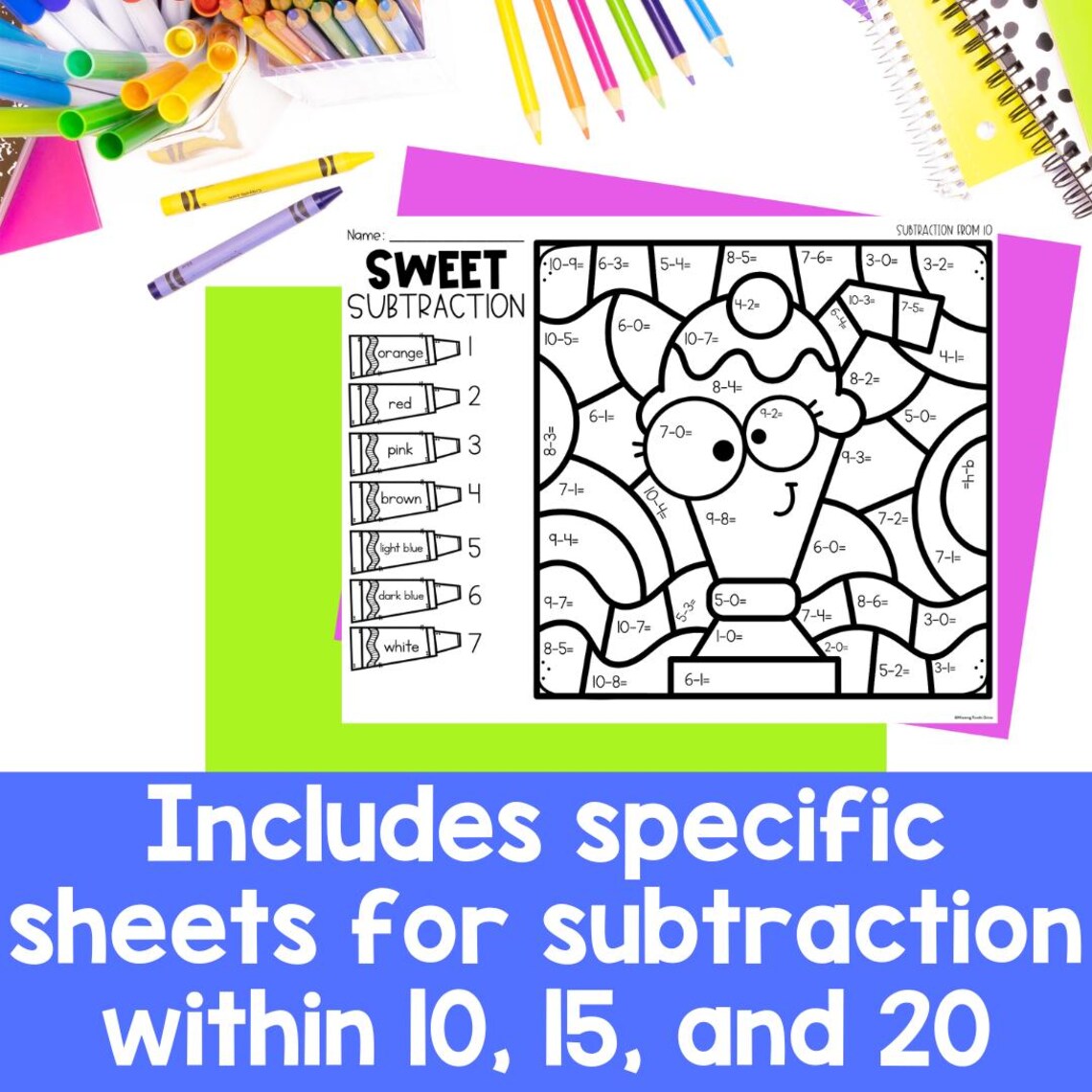Subtraction Color by Number Worksheets | Fun Math Facts Practice - Etsy