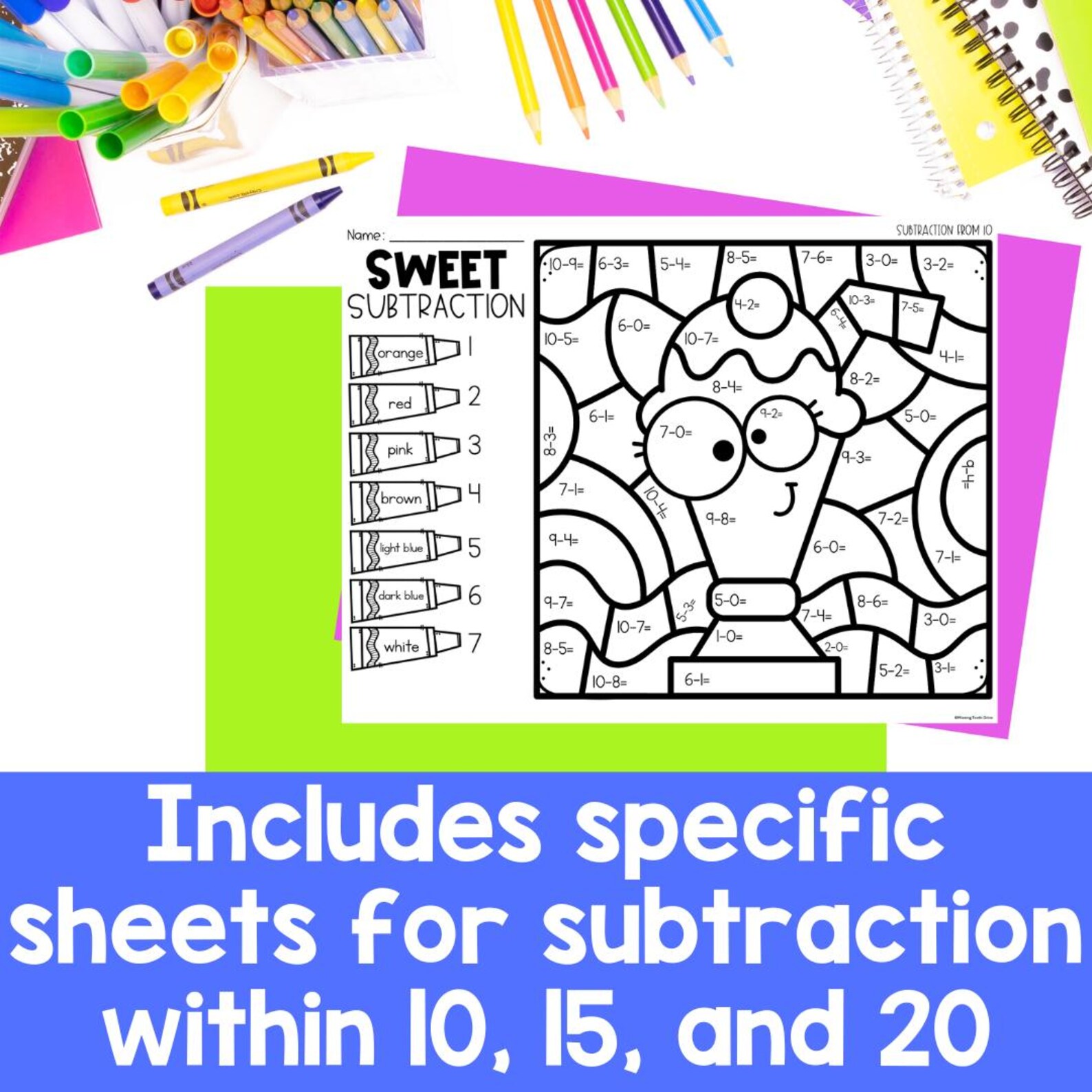 Subtraction Color by Number Worksheets | Fun Math Facts Practice - Etsy